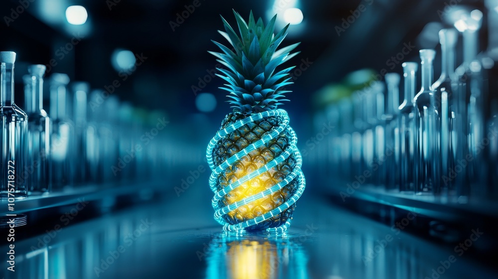 Pineapple floating in a lab with a vivid, neon DNA spiral glowing ...