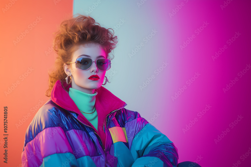stylish woman in vibrant 80s fashion, wearing colorful puffer jacket ...