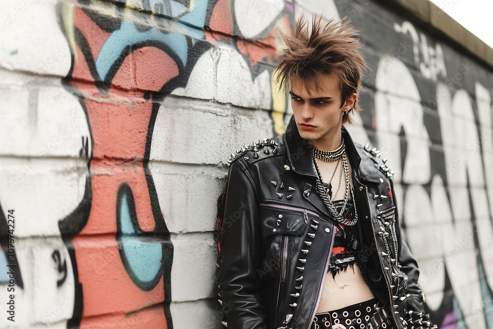male model in 80s punk style outfit with spiked leather jacket ...