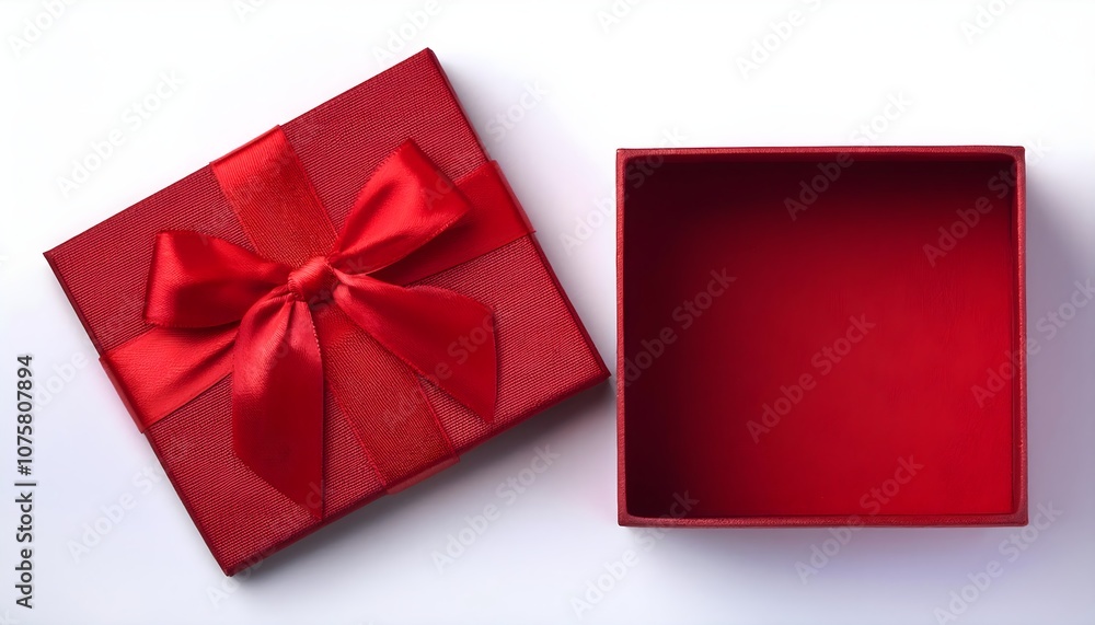 Empty open red gift box with red ribbon bow on white background, flat ...