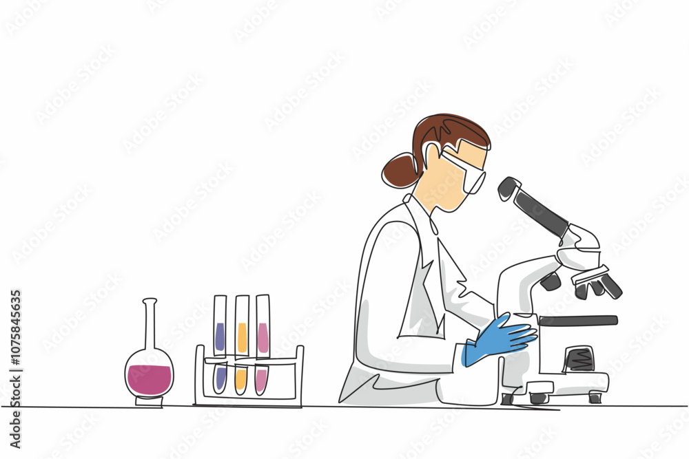 Continuous one line drawing a female scientist intently looking through ...