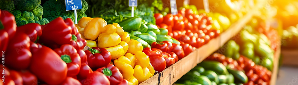 Fresh Produce on Display at a Market Stall, fruit, vegetables, red bell ...