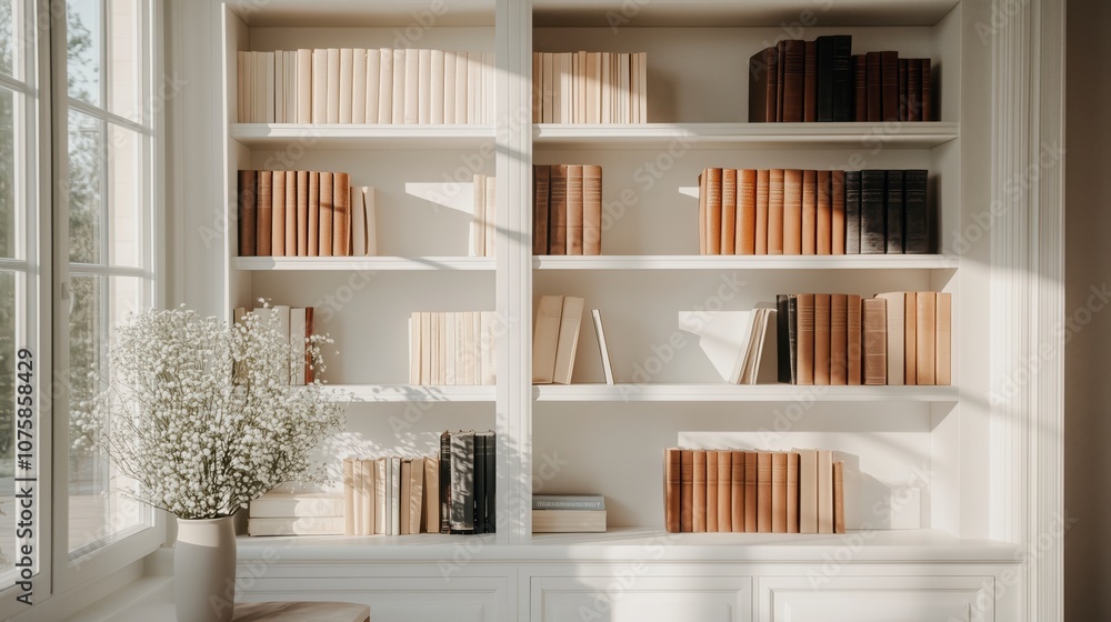 Sunlit Cozy Elegant Home Library with Window and Books: Empty Room ...