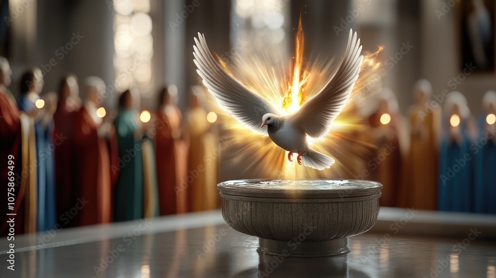 Sacred imagery, white dove as holy spirit emblem, encircled by luminous ...