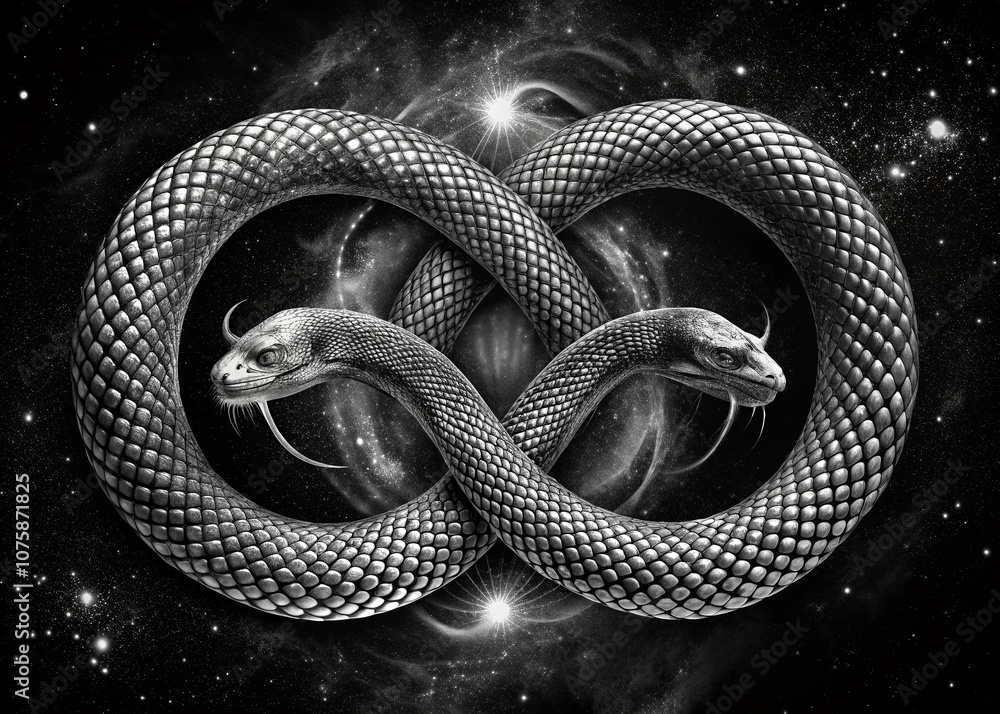 Double Exposure of Infinity Snake Ouroboros Symbol Representing the ...