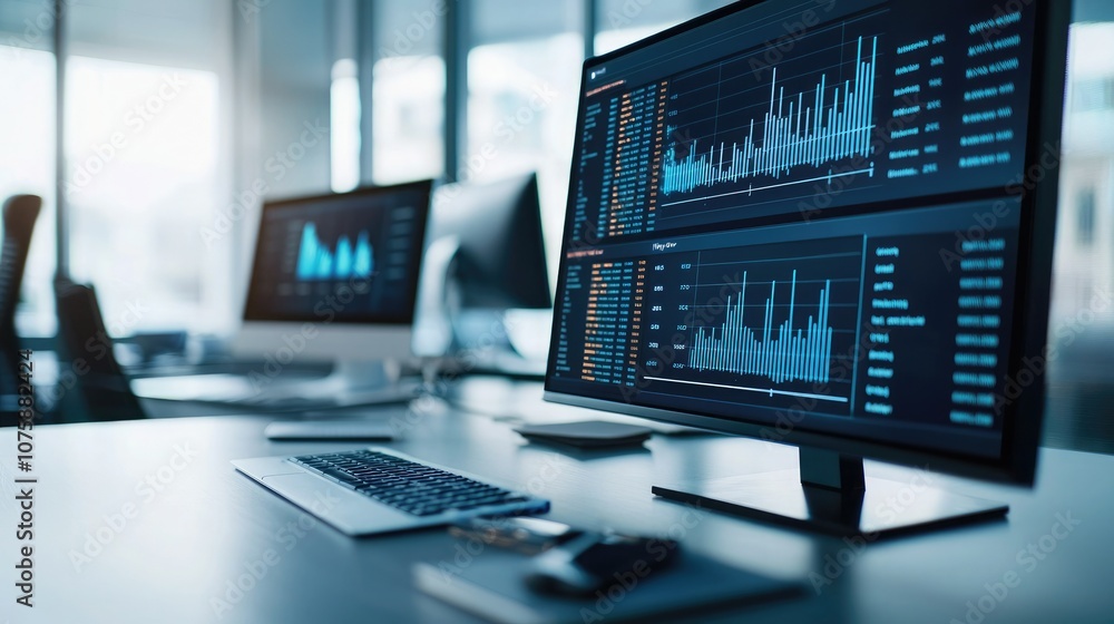 A sleek workspace featuring dual monitors displaying dynamic data visualizations and analytics ...