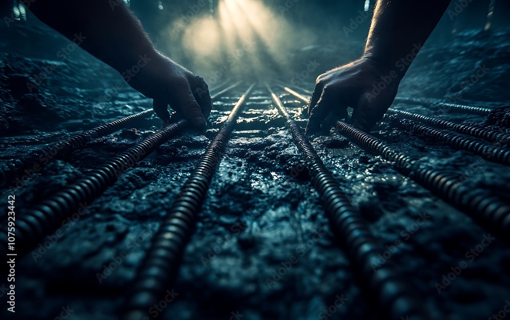 Hands working on steel reinforcement bars in a dimly lit environment ...