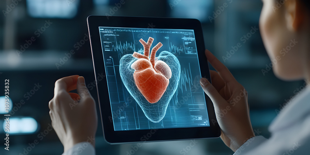 Digital Heart Health: A close-up shot of a doctor's hands holding a ...