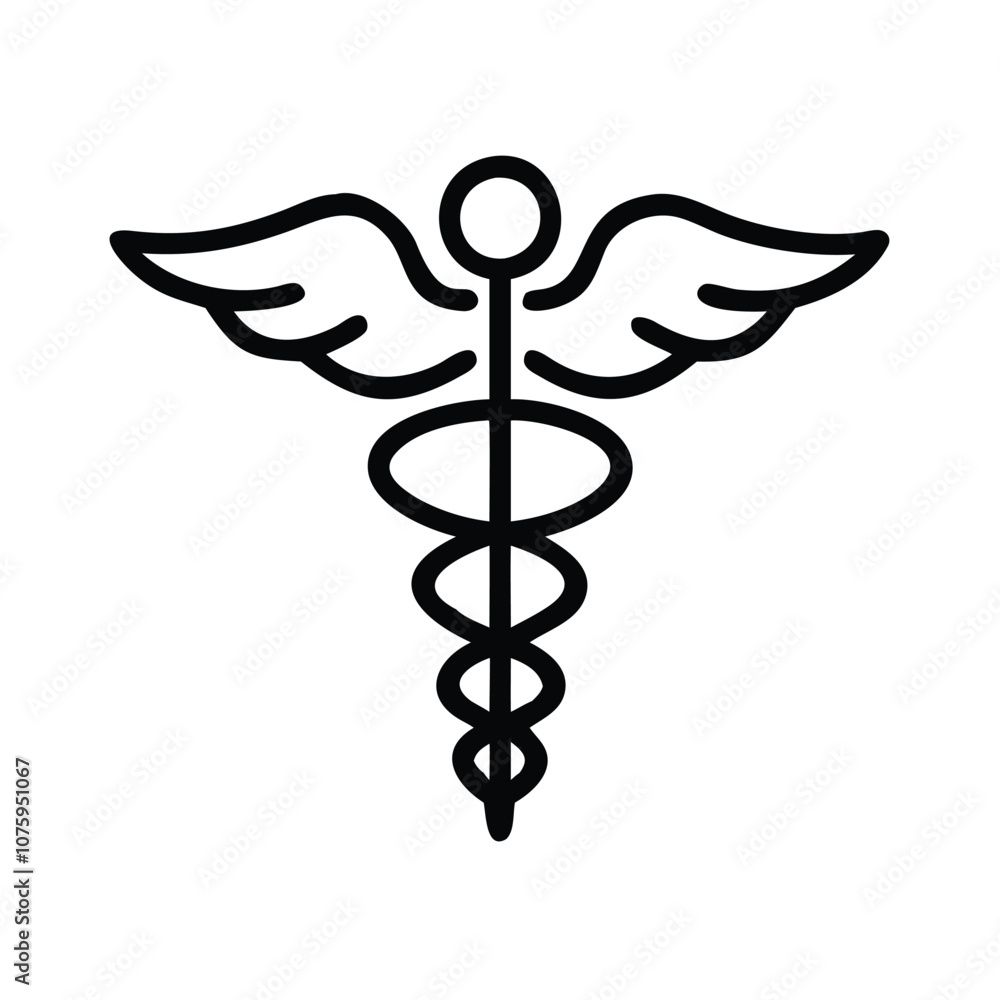 Caduceus medical icon with wings and staff, Vector illustration of a ...