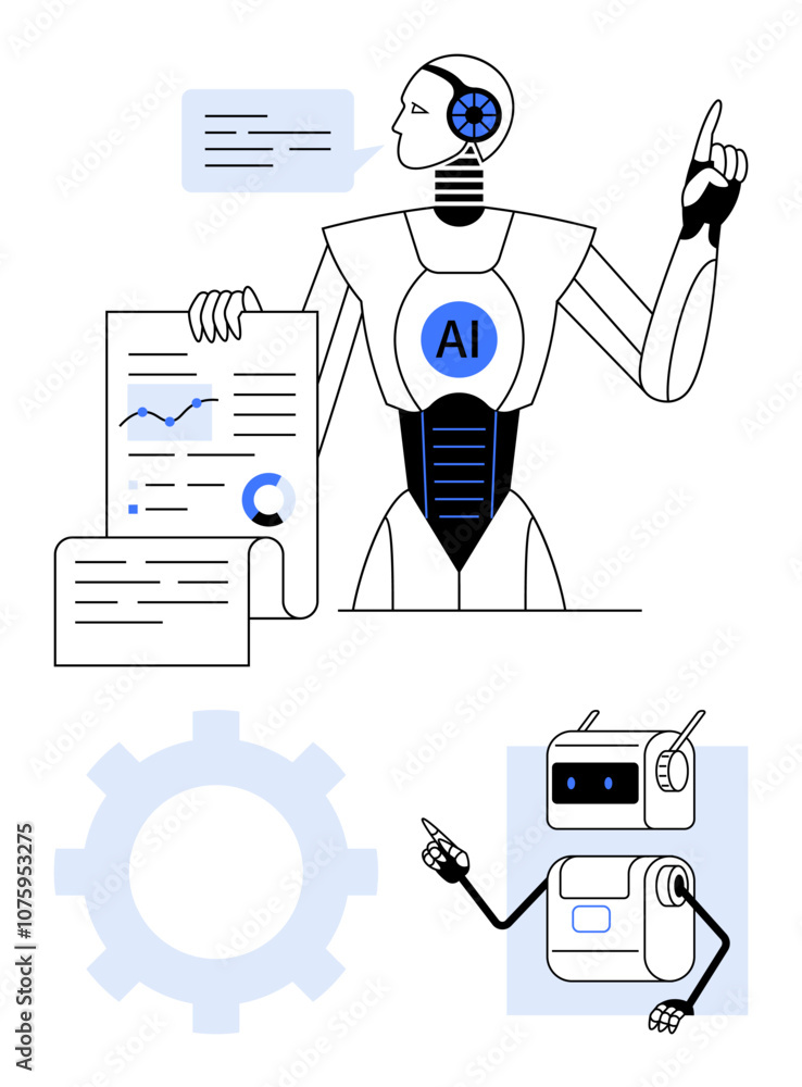 Futuristic robot with AI holding graphs, charts, speech bubble. Mini ...