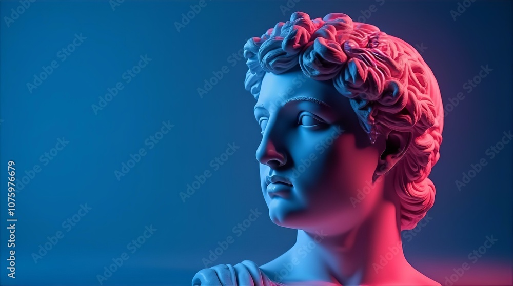 A plaster bust of the Greek god Apollo is dramatically illuminated with ...