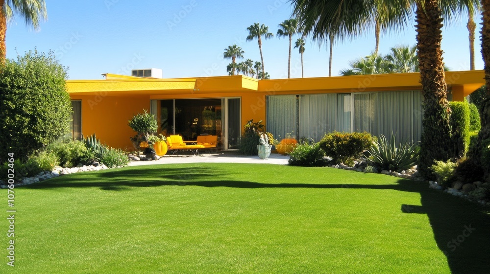 Iconic mid-century Palm Springs architecture with a flat roof, bold ...