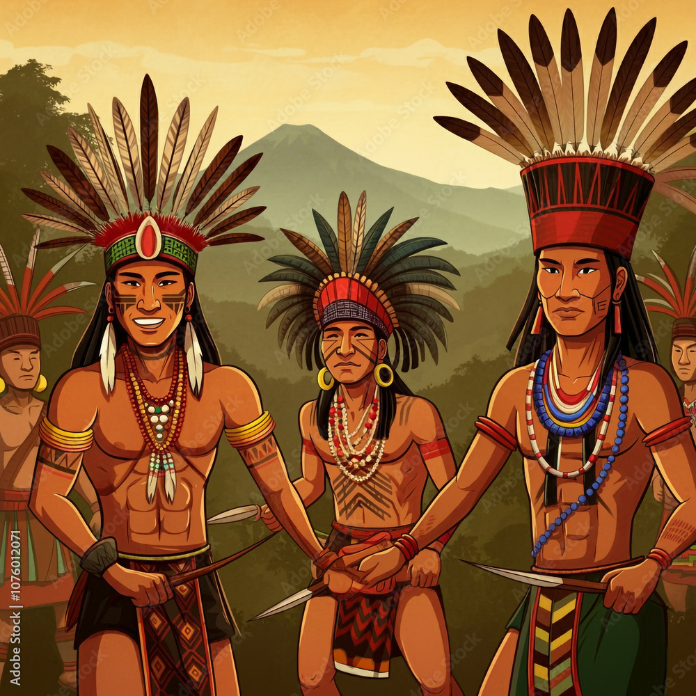 Indigenous people adorned in traditional attire, standing proudly ...