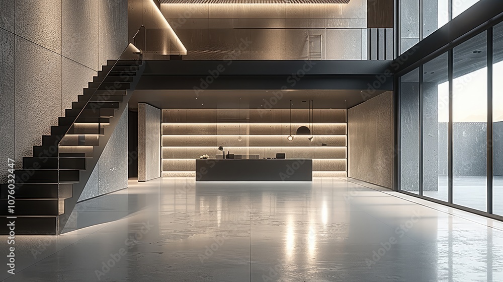 An architectural interior of two-floor contemporary space, ground floor ...