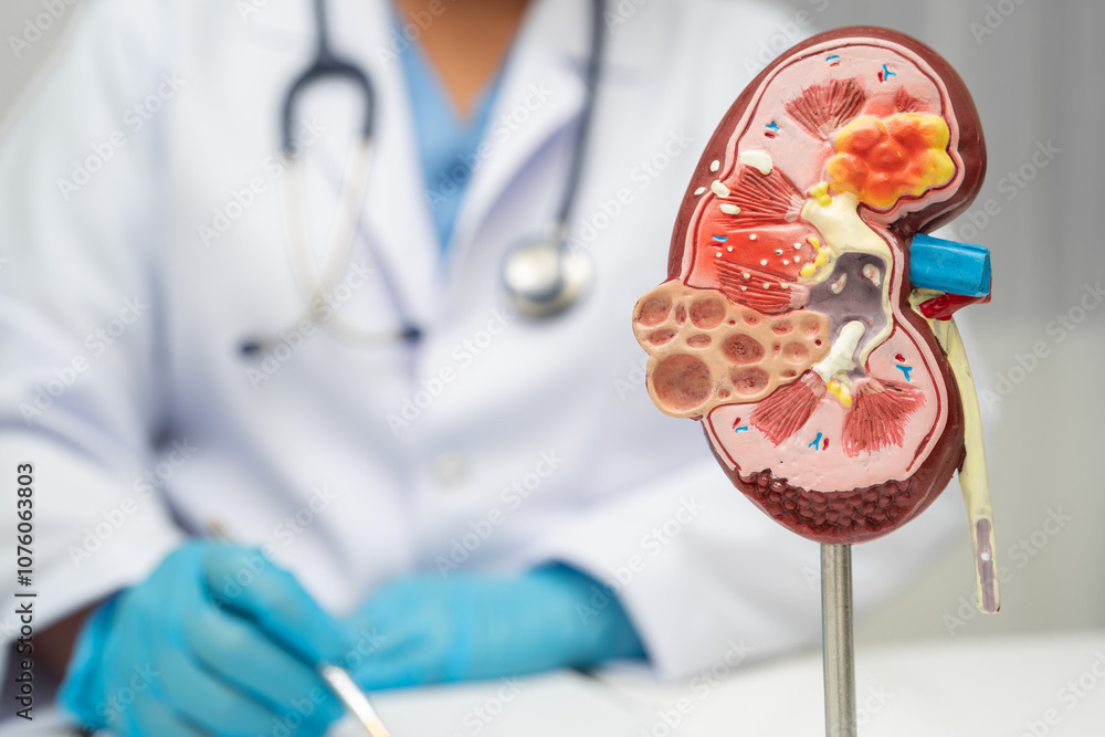 Chronic kidney disease, doctor with model for treatment urinary system ...