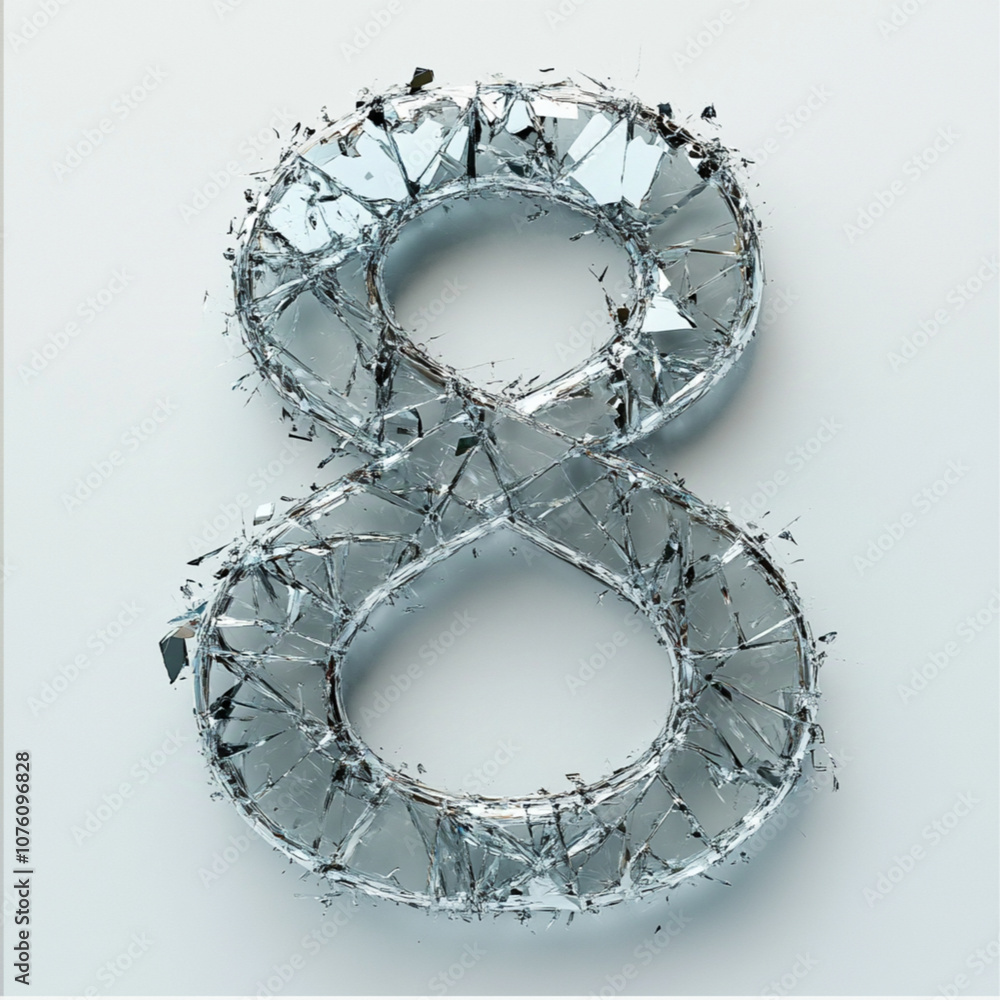number 8 made of shattered glass form like infinity symbol in white ...