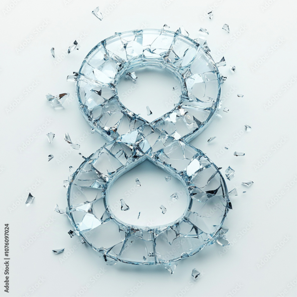 number 8 made of shattered glass form like infinity symbol in white ...