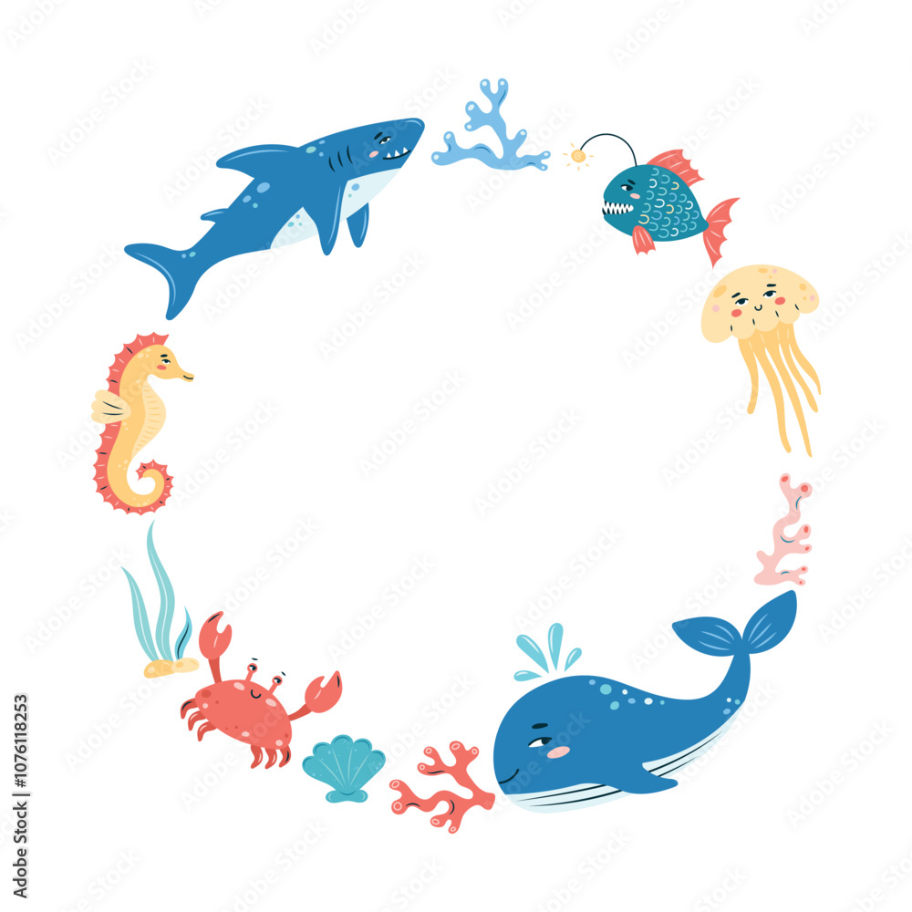 Round frame with marine animals. Sea Life circle frame on white ...