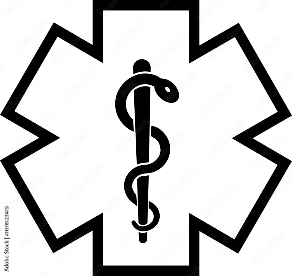 Star medicine with caduceus snake icon set. Emergency medical black ...