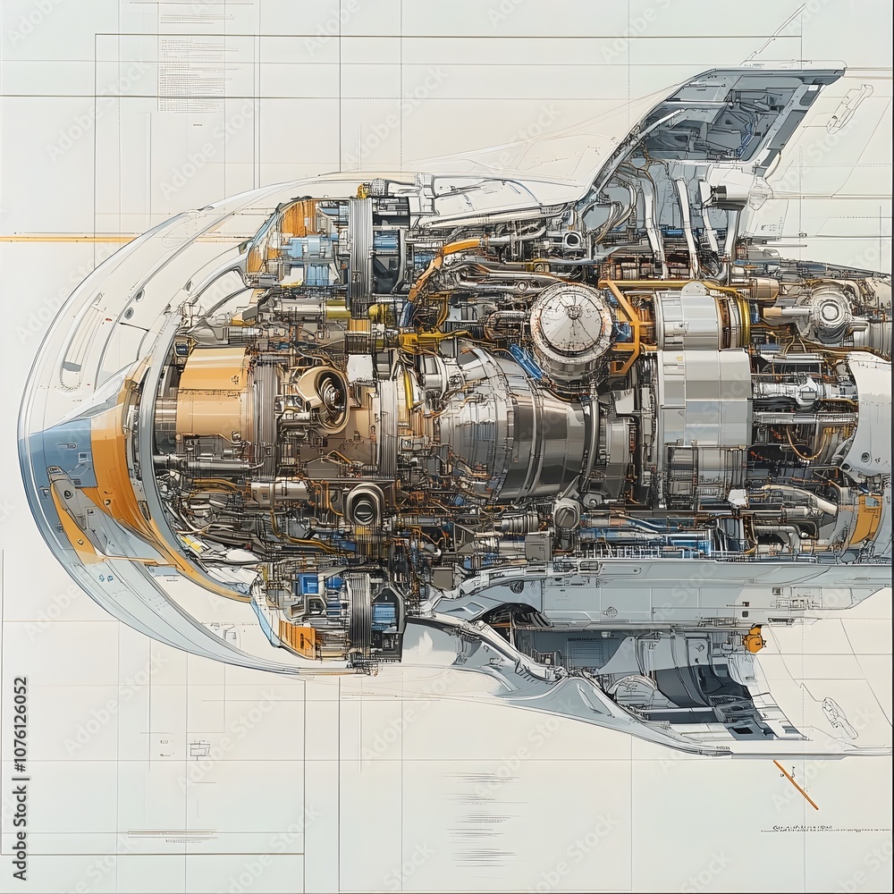 Detailed Cutaway Diagram of Powerful Aircraft Jet Engine Turbine ...