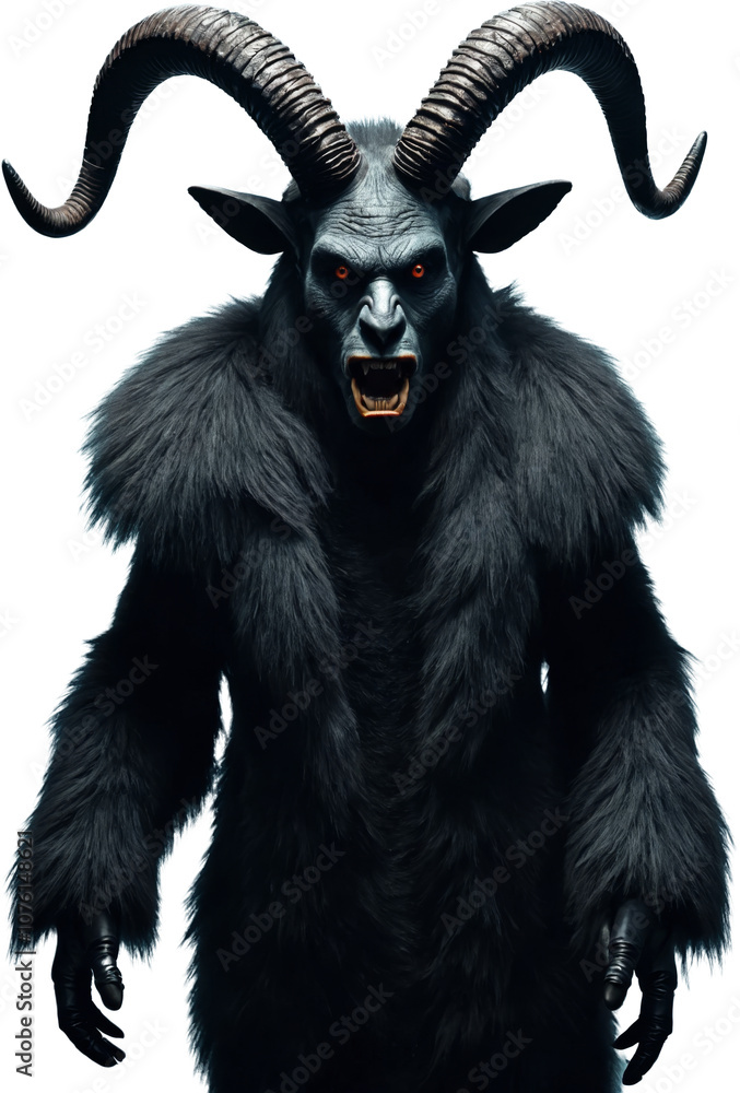 A dark and menacing portrayal of Krampus, depicted as a demonic figure with twisted horns ...
