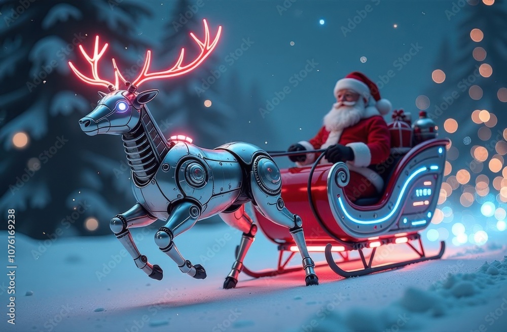 A modernized robotic reindeer pulling Santa's sleigh. The reindeer has ...