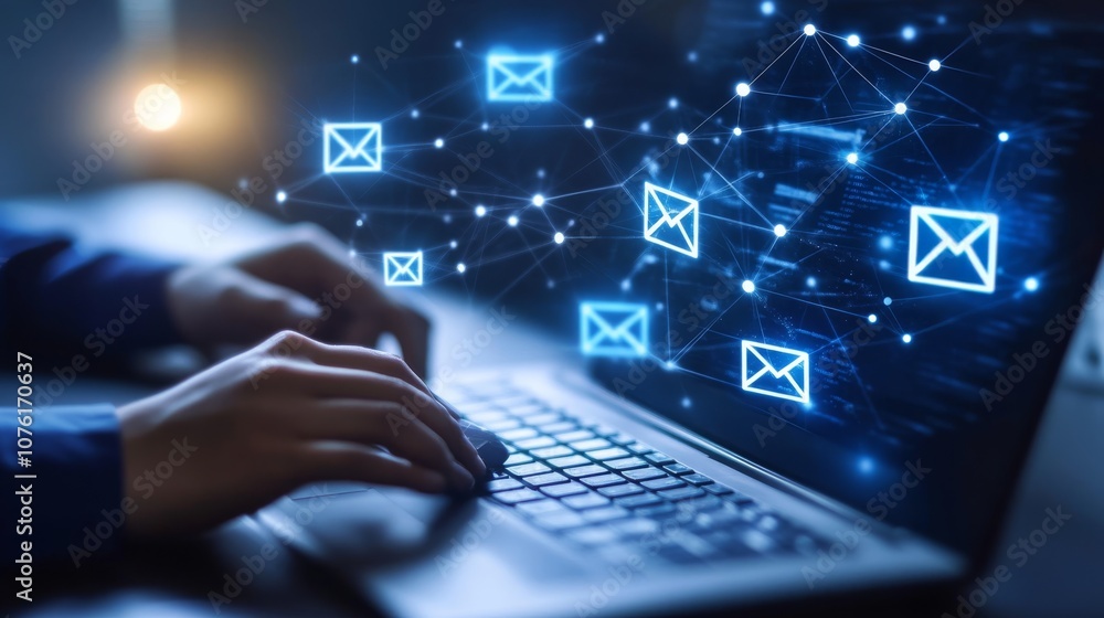 A person typing on a laptop with digital email icons floating above ...