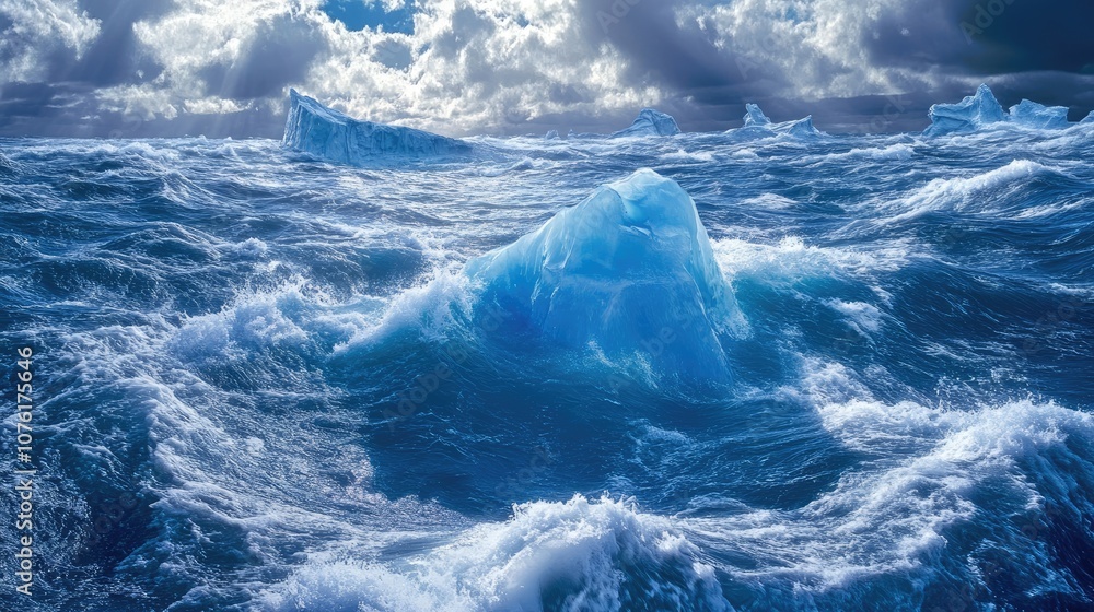 Iceberg amidst a writhing sea, with rippling waves creating a dynamic ...