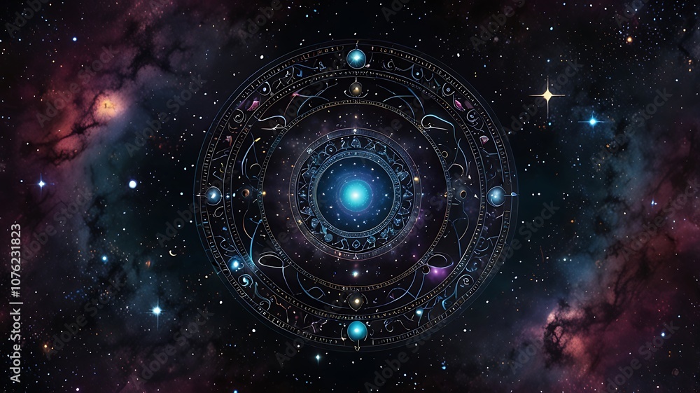 Galactic mandala with expanding circles of stars, planets, and cosmic ...