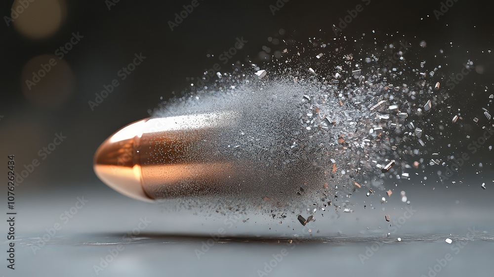 High-speed capture of bullet in motion, with particles dispersing ...