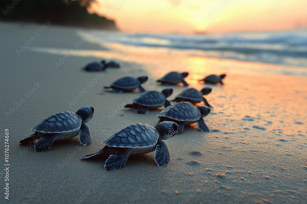 Baby sea turtles hatch and make their way to the ocean during sunrise ...