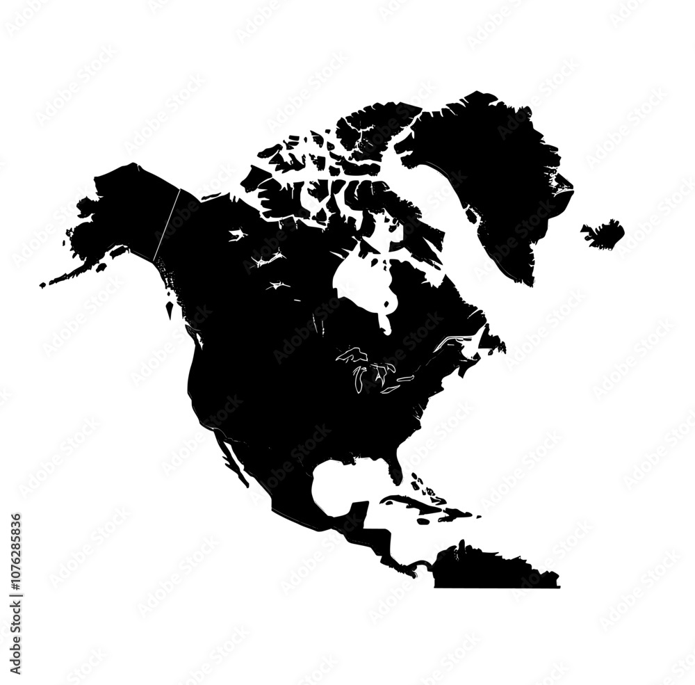 Outline map of North America in black and white. Political map of North ...