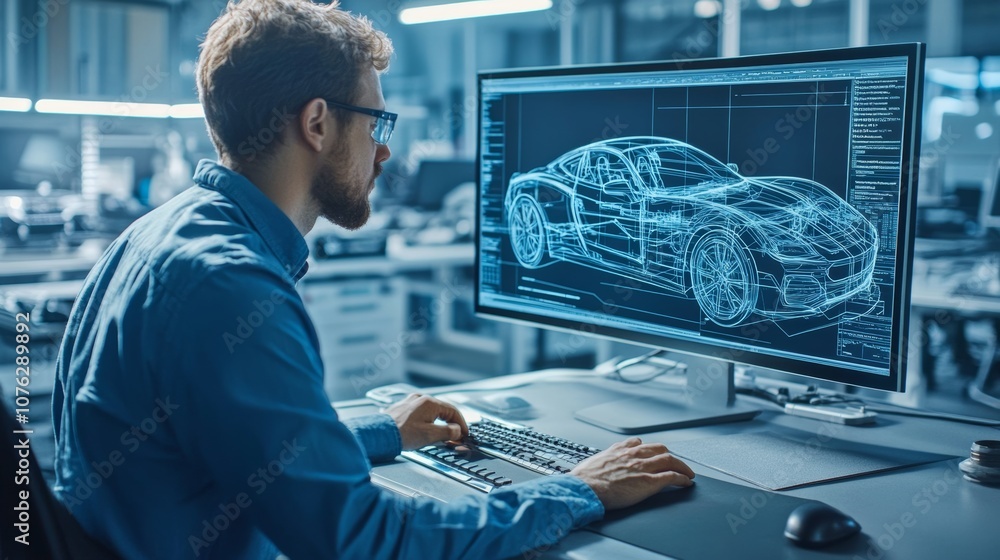 An automotive engineer working on the design and development of a new car, using computer-aided ...