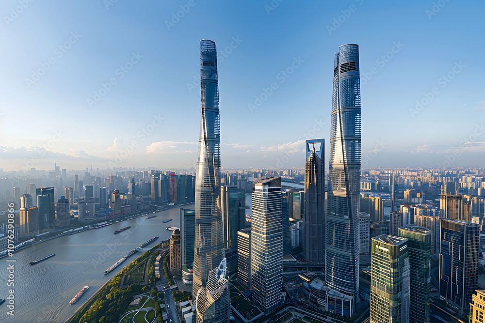 The city of Shanghai, China, with the Lujiazui Tower in view and ...