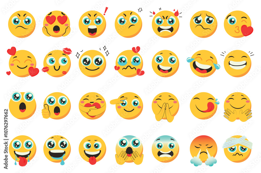 Emoticons set elements in flat graphic design. Collection of emoji with ...