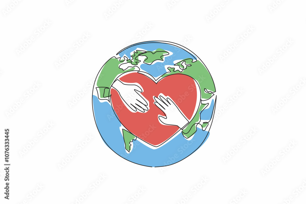 Single one line drawing heart with two palms in middle on a globe ...
