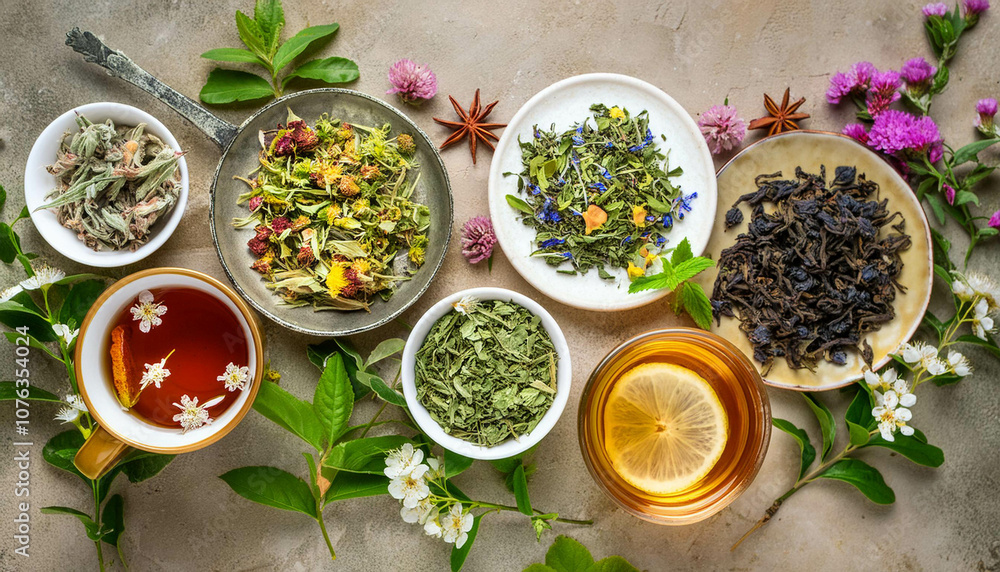Assorted types of herbal tea made from natural herbs. Overhead view ...