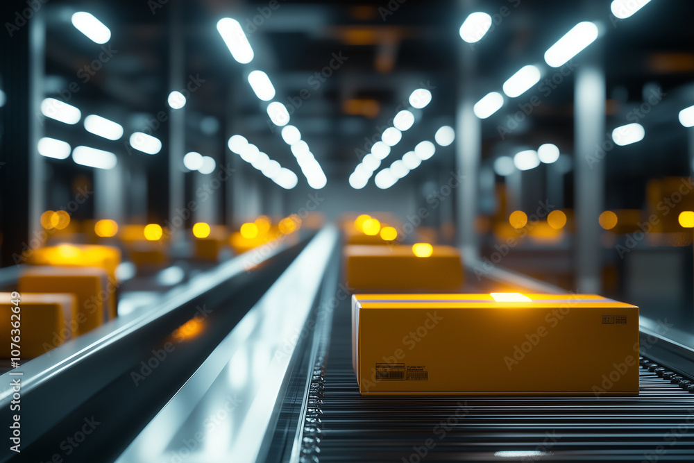 yellow package boxes on a conveyor belt in a modern distribution center ...
