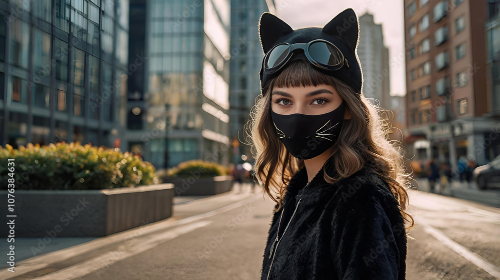 Quadrober. A girl in a cat outfit on a city street. Imitation of animal ...