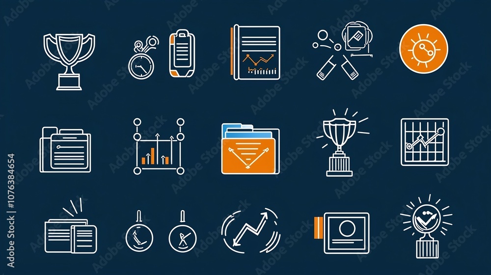 A clean icon set featuring 15 symbols representing corporate success ...