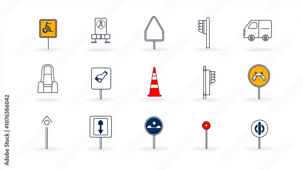 Set of 15 minimalist linear icons illustrating various transport safety ...