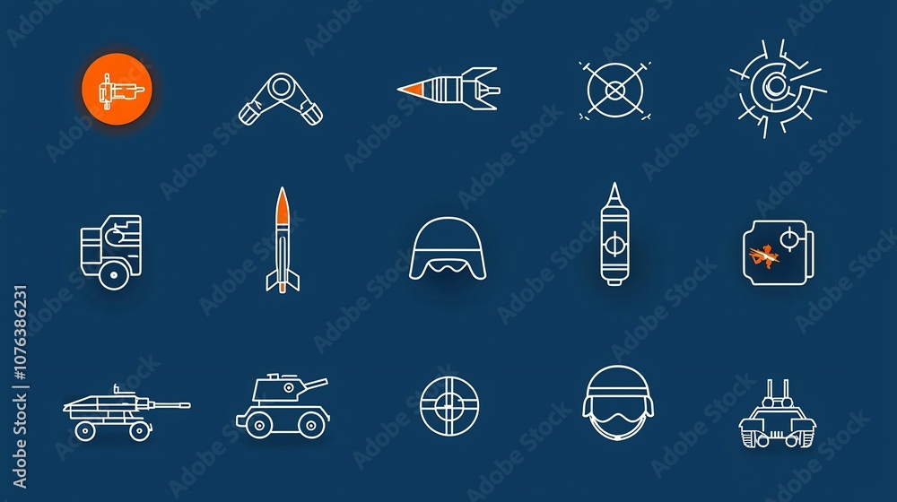 Set of 15 outline icons representing war elements including army helmet ...