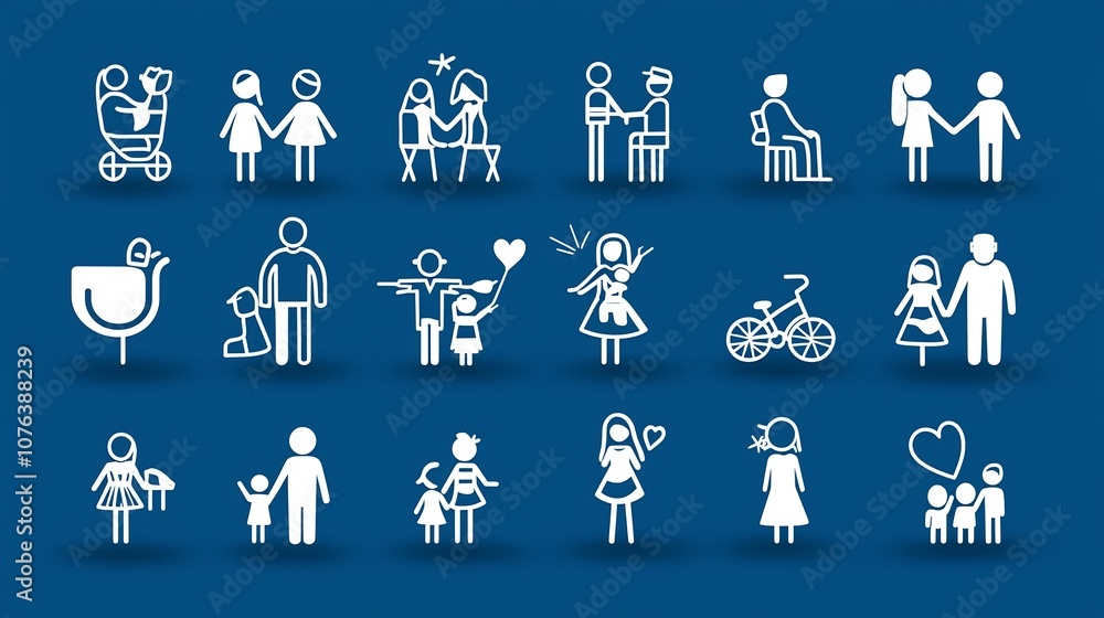 Outline icon set of 15 family symbols including father mother children ...