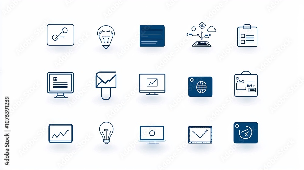 Collection of 15 linear icons representing virtual training with ...