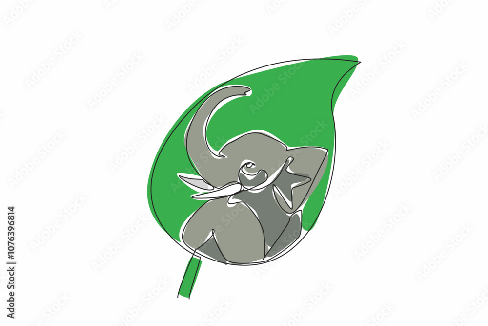 Continuous one line drawing elephant head in the middle of the leaf ...