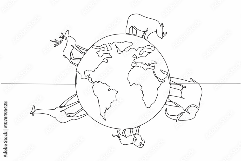 Continuous one line drawing giraffes, elephants, deer, lions ...