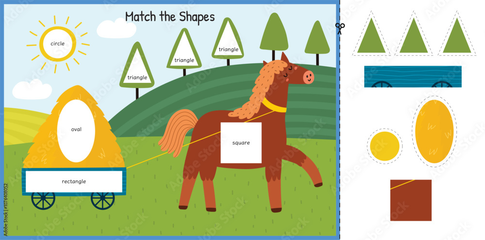 Match the shapes game for kids with a cute horse. Cut and glue activity ...