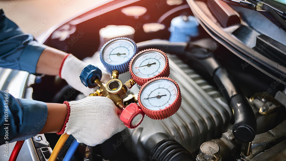 Auto mechanics use a manifold gauge to check refrigerant levels and ...