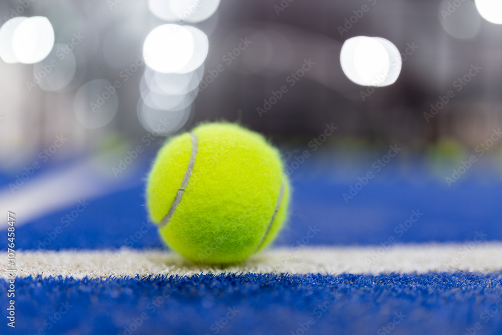 A vibrant padel tennis ball rolls on a blue court during indoor ...