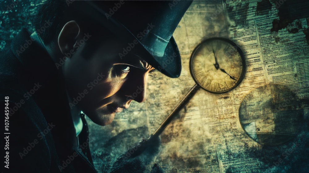 Sherlock Holmes profile with a magnifying glass, clock, and police form ...
